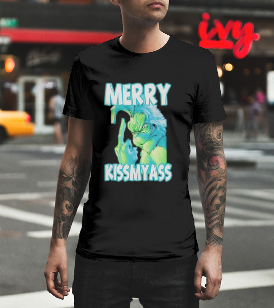 Merry Kiss My Ass Grinch Middle Finger T-Shirt