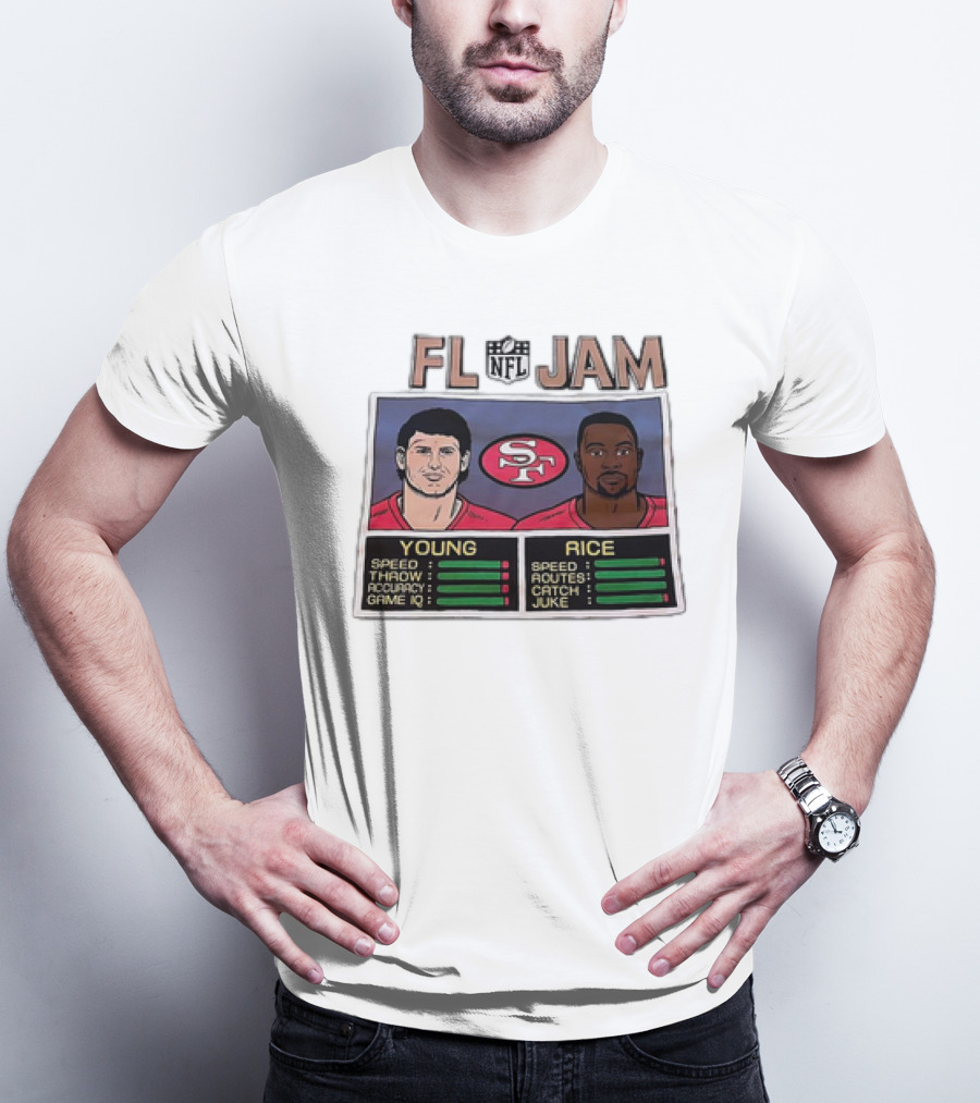 NFL Jam San Francisco 49ers Young Rice Speed Throw Catch T-Shirt