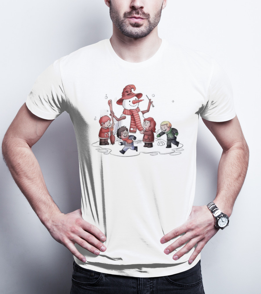 Young Wizard Students Building Snowman In House-Themed Scarves And Hats T-Shirt