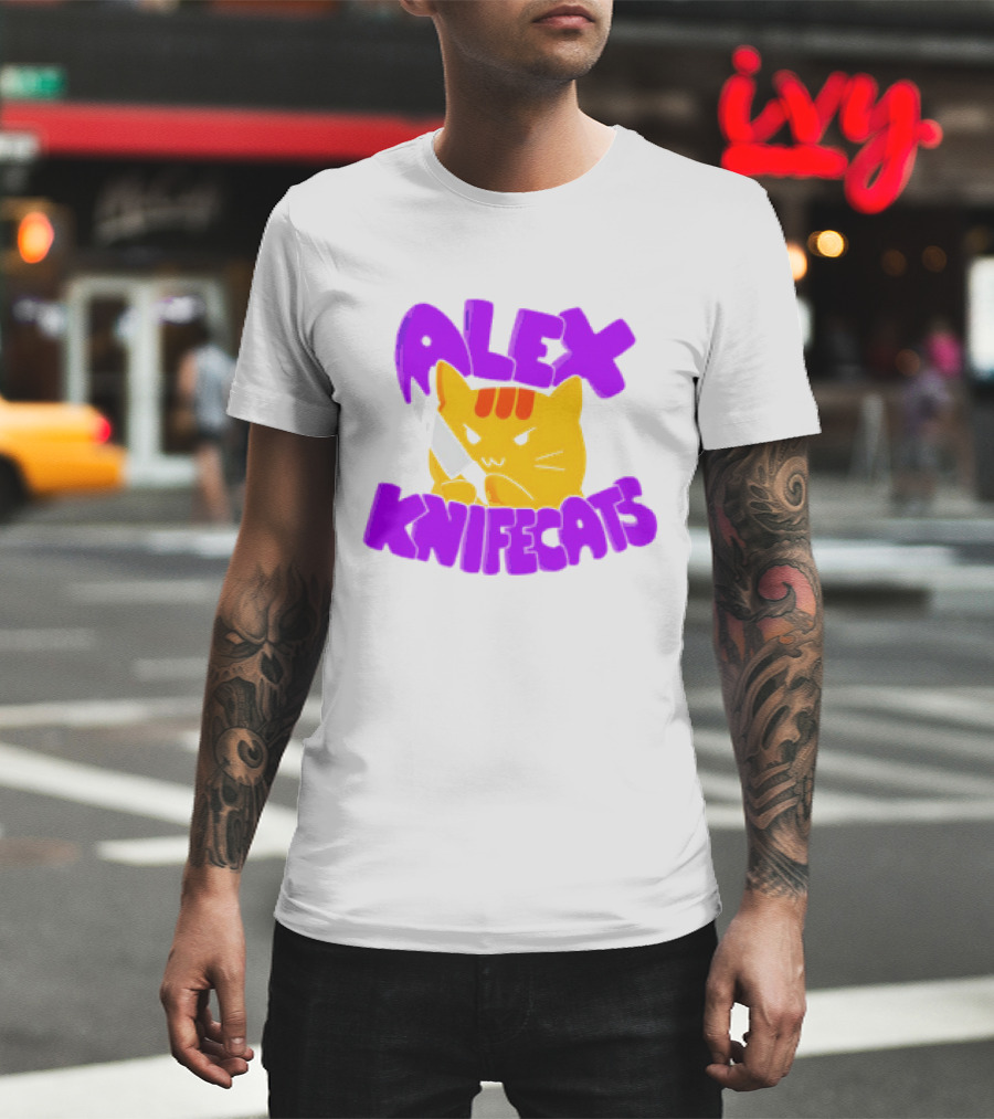 Alex Knifecats Orange Cat Purple Text T-Shirt