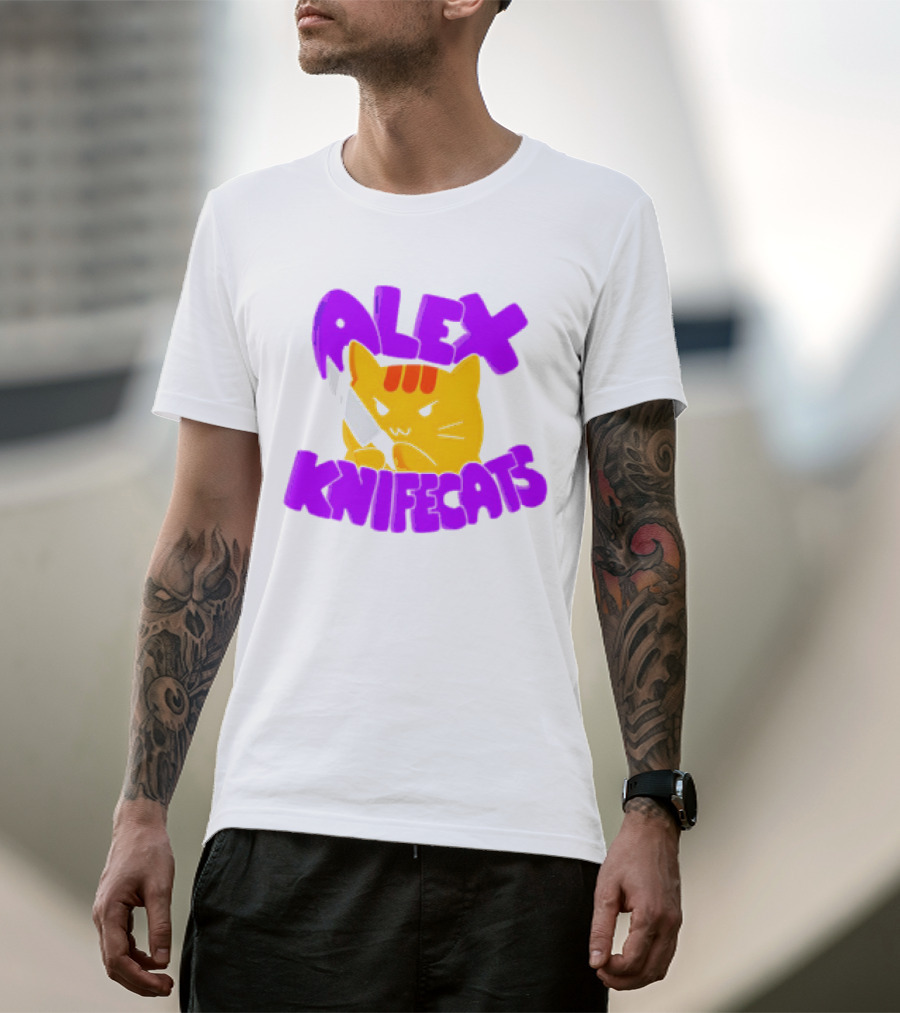 Alex Knifecats Orange Cat Purple Text T-Shirt