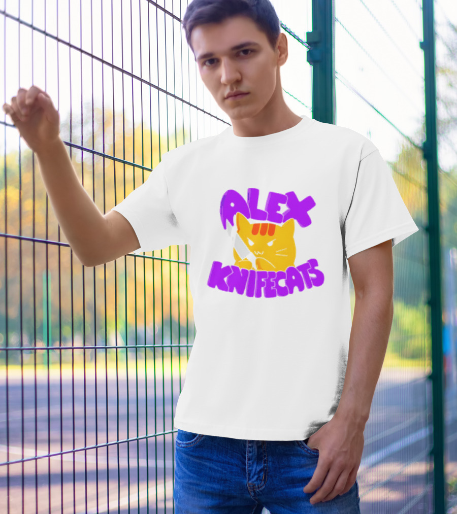 Alex Knifecats Orange Cat Purple Text T-Shirt