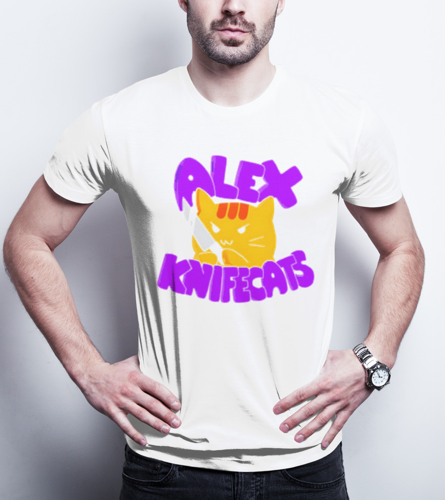 Alex Knifecats Orange Cat Purple Text T-Shirt