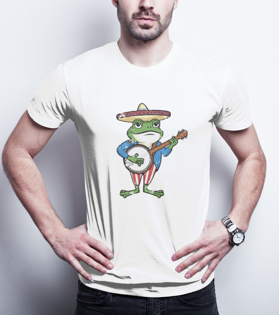 Frog In Sombrero Playing Banjo In Patriotic T-Shirt