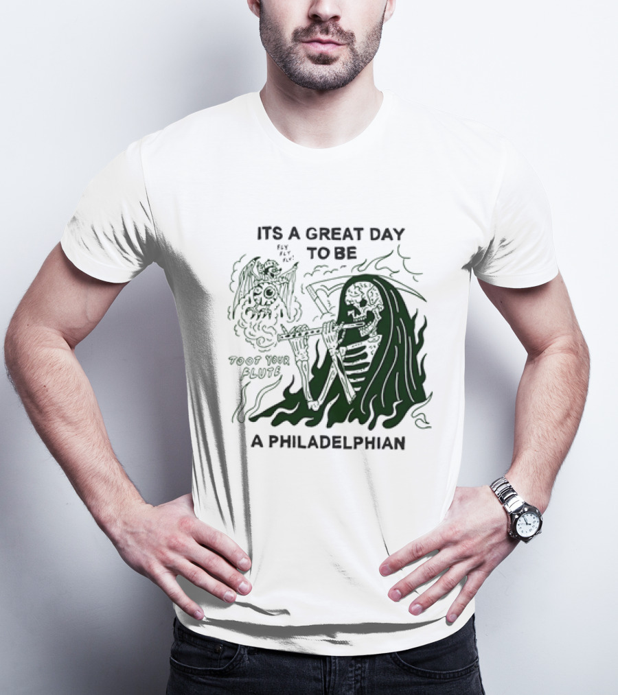 Skeleton Playing Flute With Owl It's A Great Day To Be A Philadelphian T-Shirt