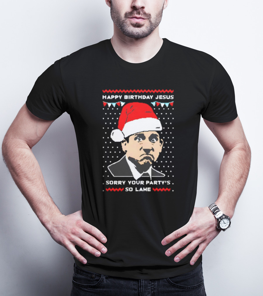 Michael Scott Happy Birthday Jesus Sorry Your Party's So Lame Christmas Santa Hat T-Shirt