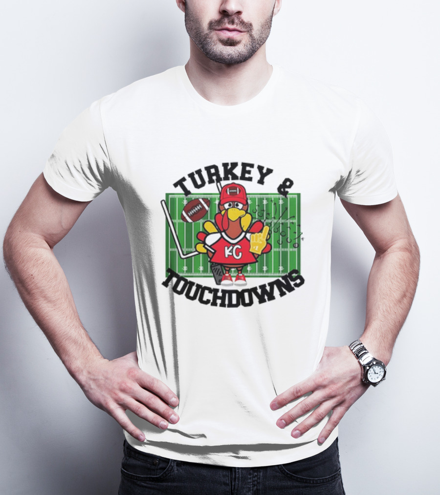 Turkey And Touchdowns Kansas City Chiefs Football Field Cartoon T-Shirt