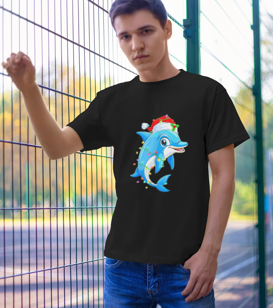 Dolphin In Santa Hat Wrapped In Christmas Tree Lights Pajamas T-Shirt