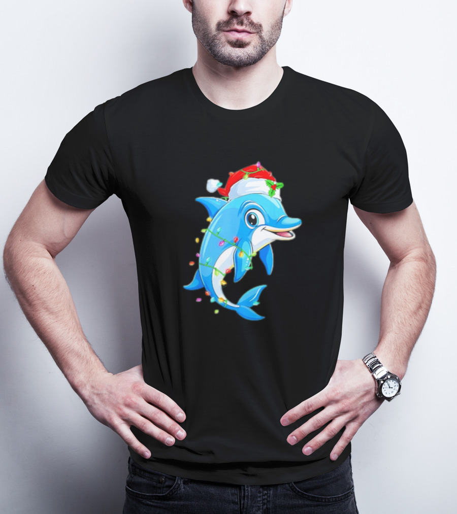 Dolphin In Santa Hat Wrapped In Christmas Tree Lights Pajamas T-Shirt