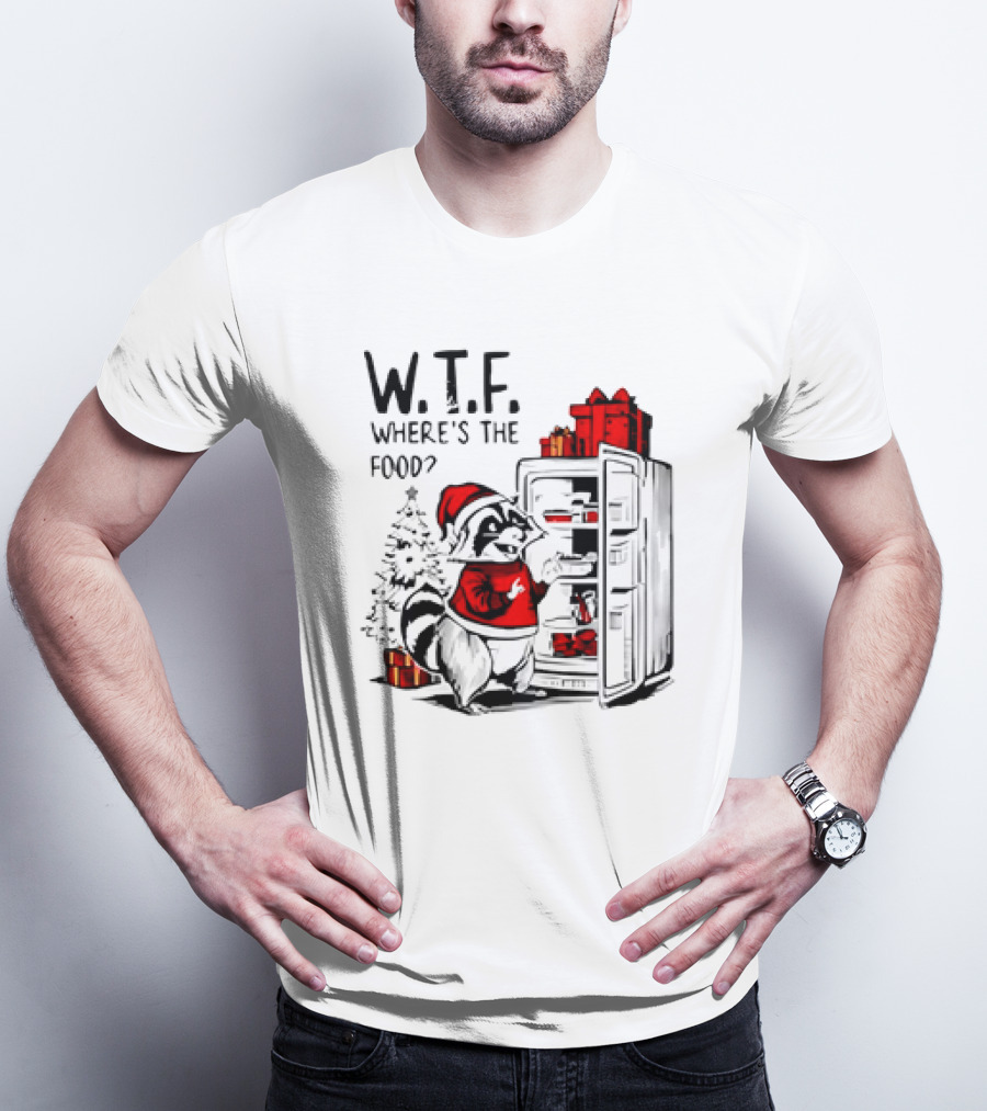 W.T.F. Where's The Food Christmas Foodie Raccoon With Fridge And Santa Hat T-Shirt