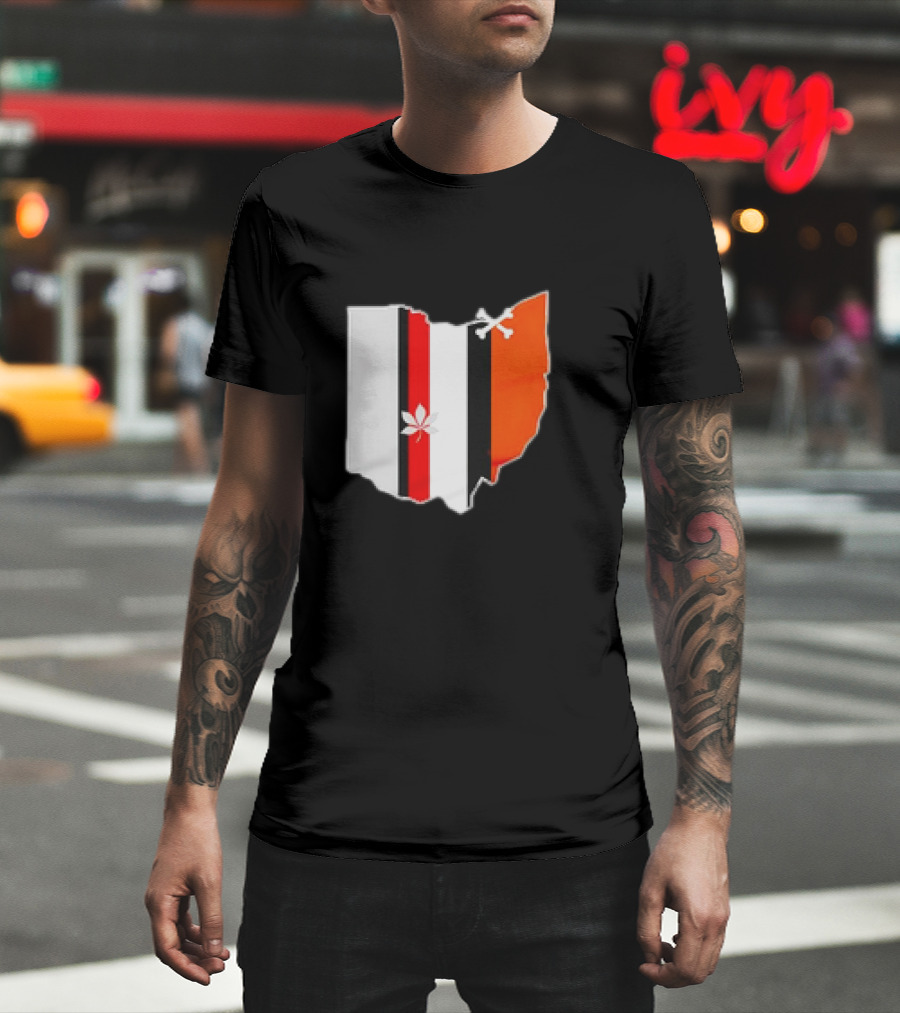 Ohio Map Stripes Football Buckeye Leaf Browns Colors T-Shirt