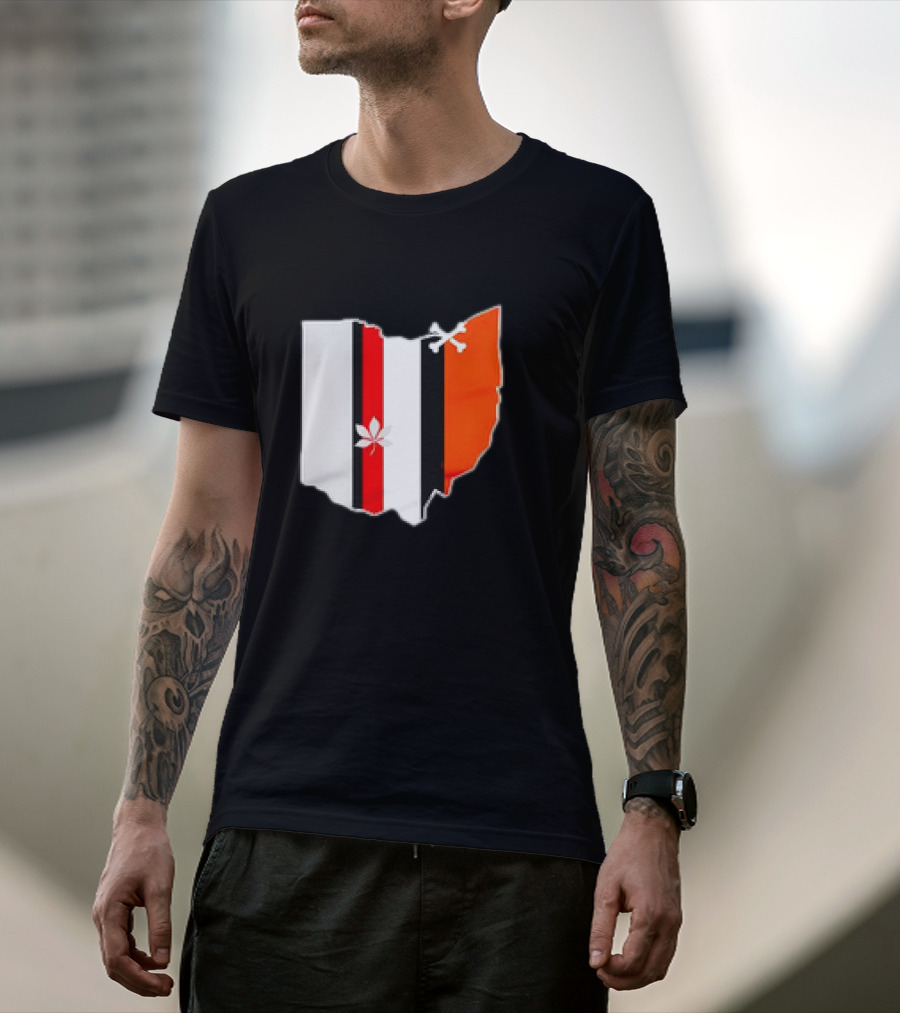 Ohio Map Stripes Football Buckeye Leaf Browns Colors T-Shirt