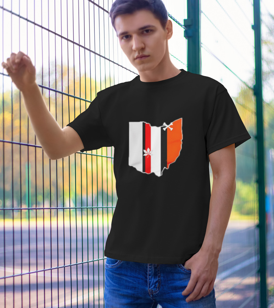 Ohio Map Stripes Football Buckeye Leaf Browns Colors T-Shirt