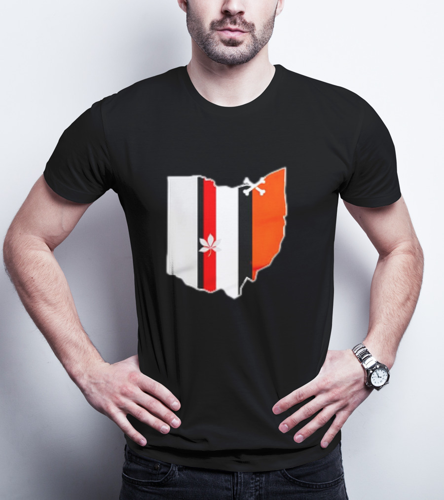 Ohio Map Stripes Football Buckeye Leaf Browns Colors T-Shirt