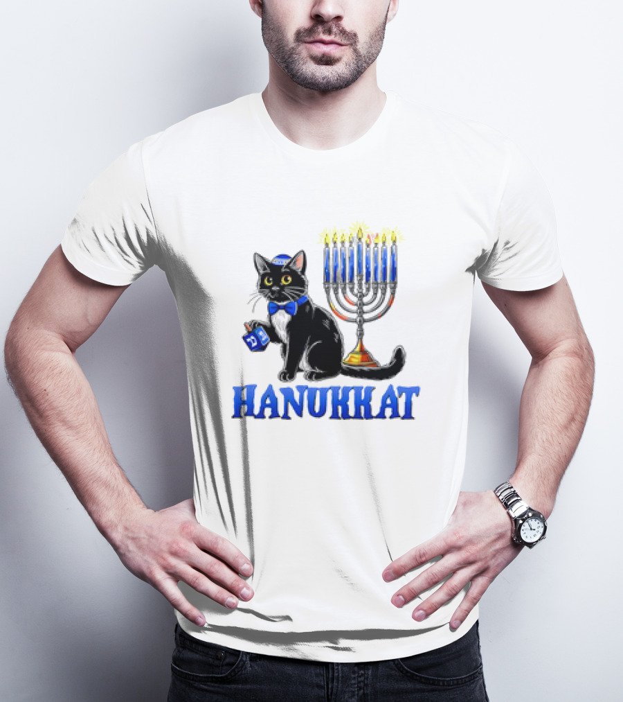 Hanukkat Cute Happy Hanukkah Jewish Cat Menorah Chanukah T-Shirt