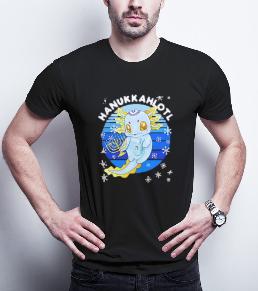 Hanukkahlotl Axolotl Dreidel Menorah Snowflakes Retro T-Shirt