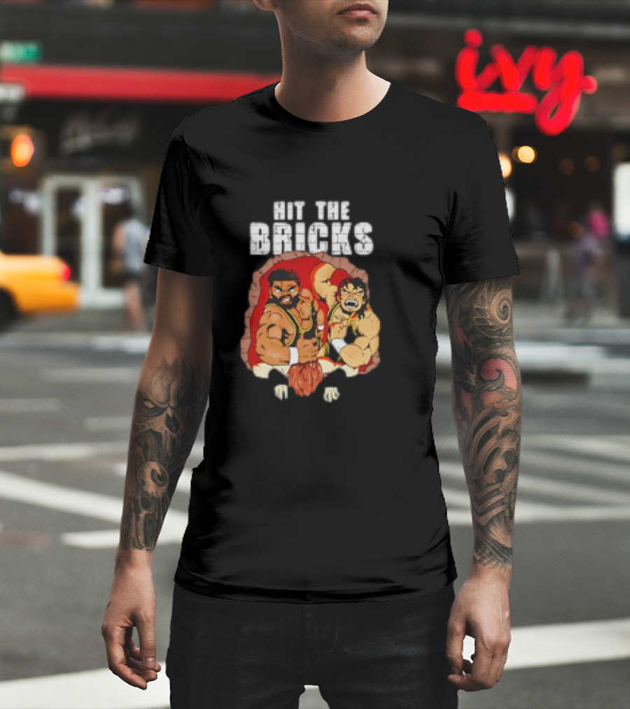 Hit The Bricks Cartoon Wrestlers Breaking Through Wall T-Shirt