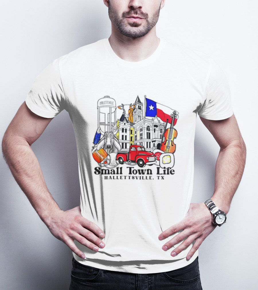Small Town Life Hallettsville TX Water Tower Historic Courthouse Red Truck Texas Flag Cow Guitar T-Shirt