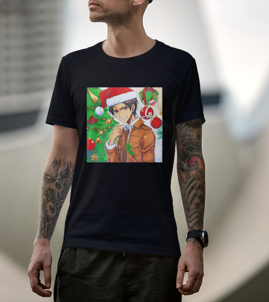 Eren Yeager Santa Hat Christmas Attack On Titan Anime Festive Tree Ornaments T-Shirt
