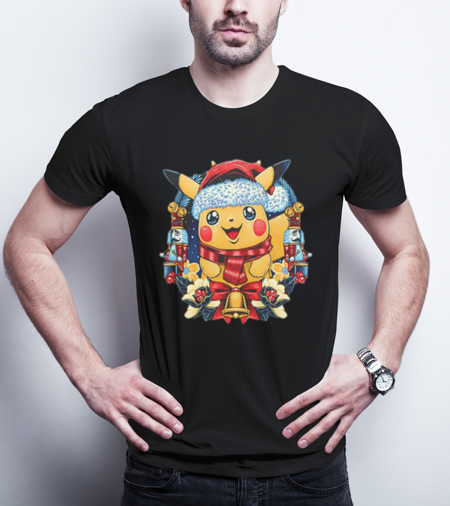 Pikachu Christmas Hat Scarf Nutcracker Bells Pokémon Holiday T-Shirt