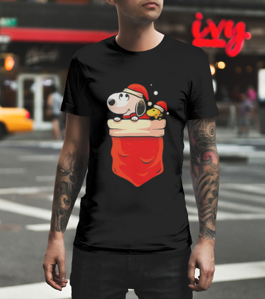 Snoopy And Woodstock Christmas Santa Hats In Red Pocket T-Shirt