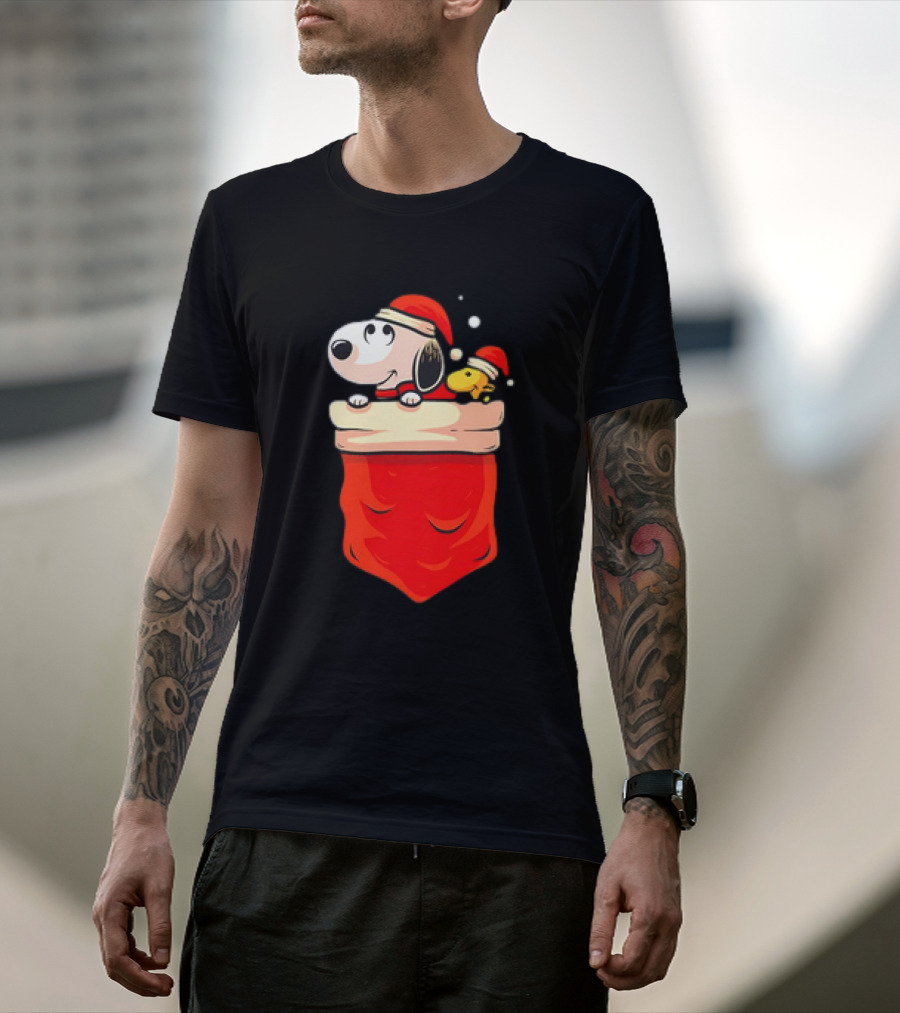 Snoopy And Woodstock Christmas Santa Hats In Red Pocket T-Shirt