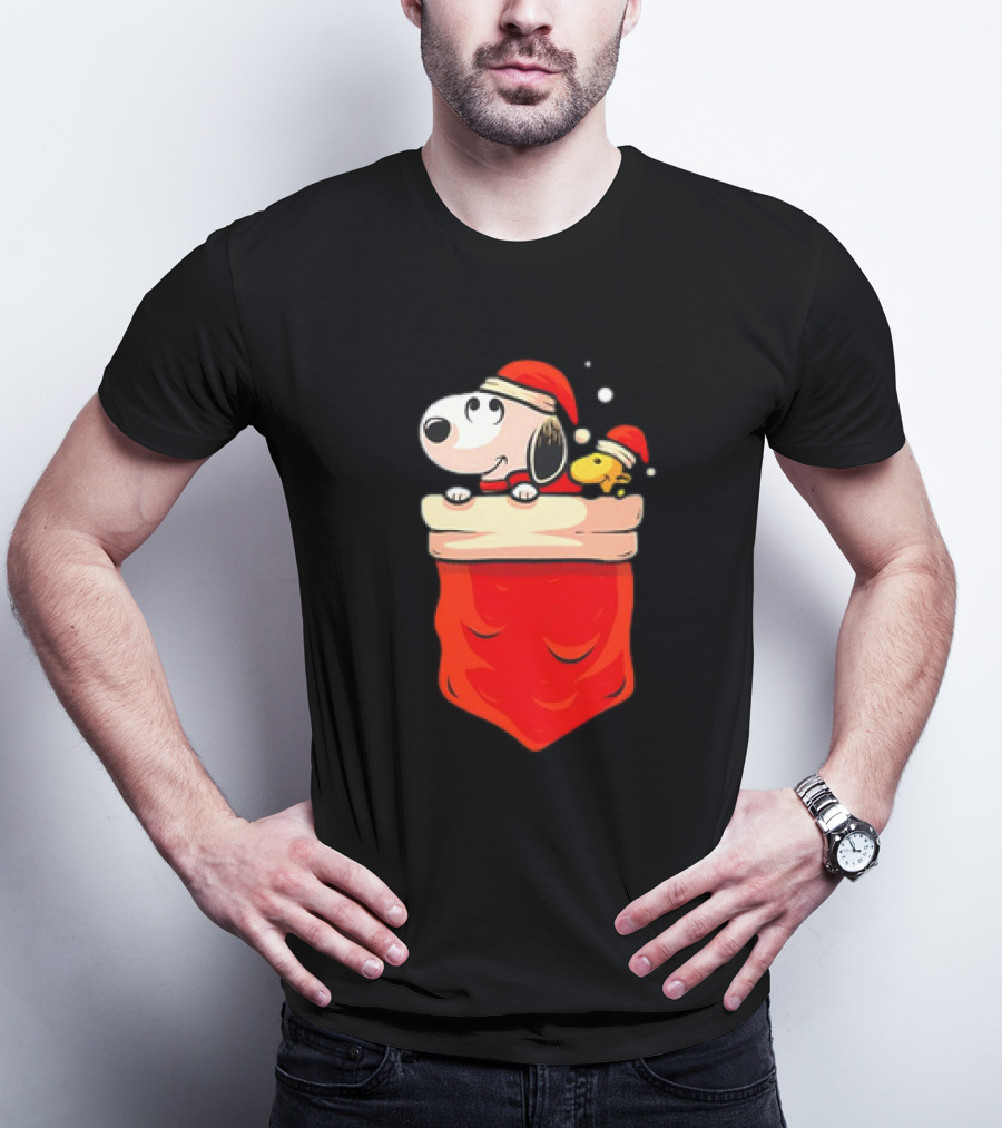 Snoopy And Woodstock Christmas Santa Hats In Red Pocket T-Shirt