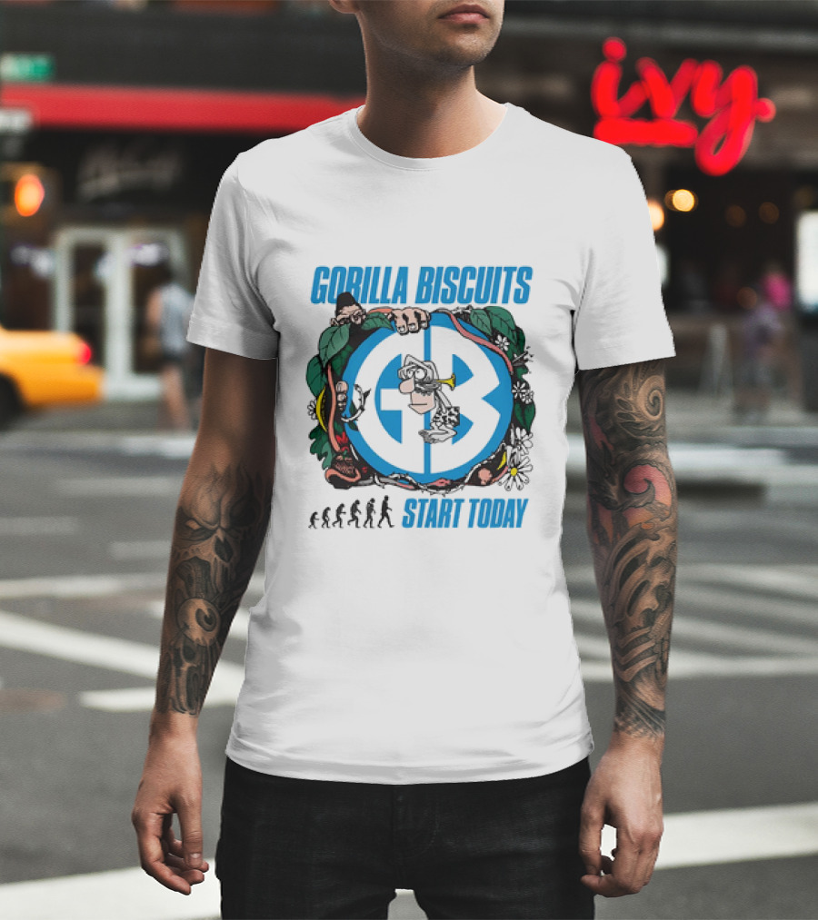 Gorilla Biscuits Start Today Evolution Theme Logo With Characters And Nature Elements T-Shirt
