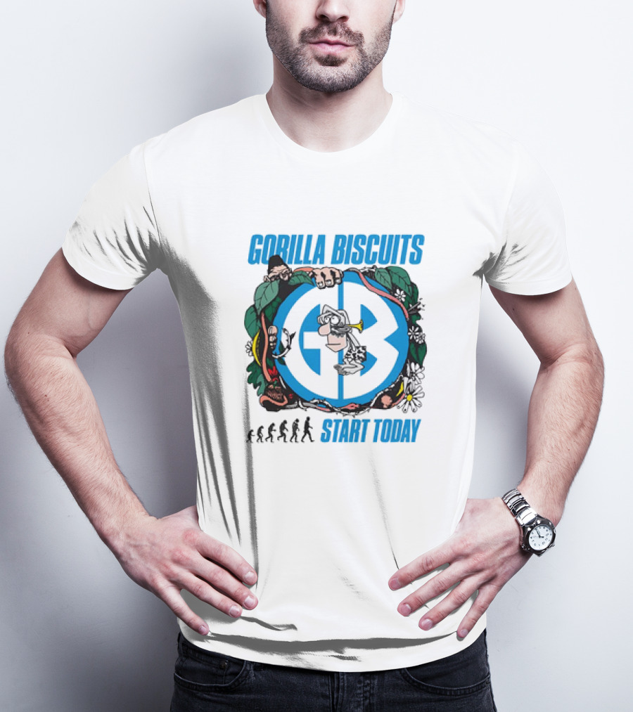 Gorilla Biscuits Start Today Evolution Theme Logo With Characters And Nature Elements T-Shirt