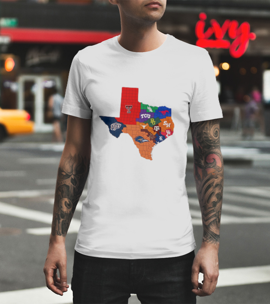Map Of Texas College Football Teams Featuring TCU Baylor Texas A&M Texas Tech UTEP T-Shirt