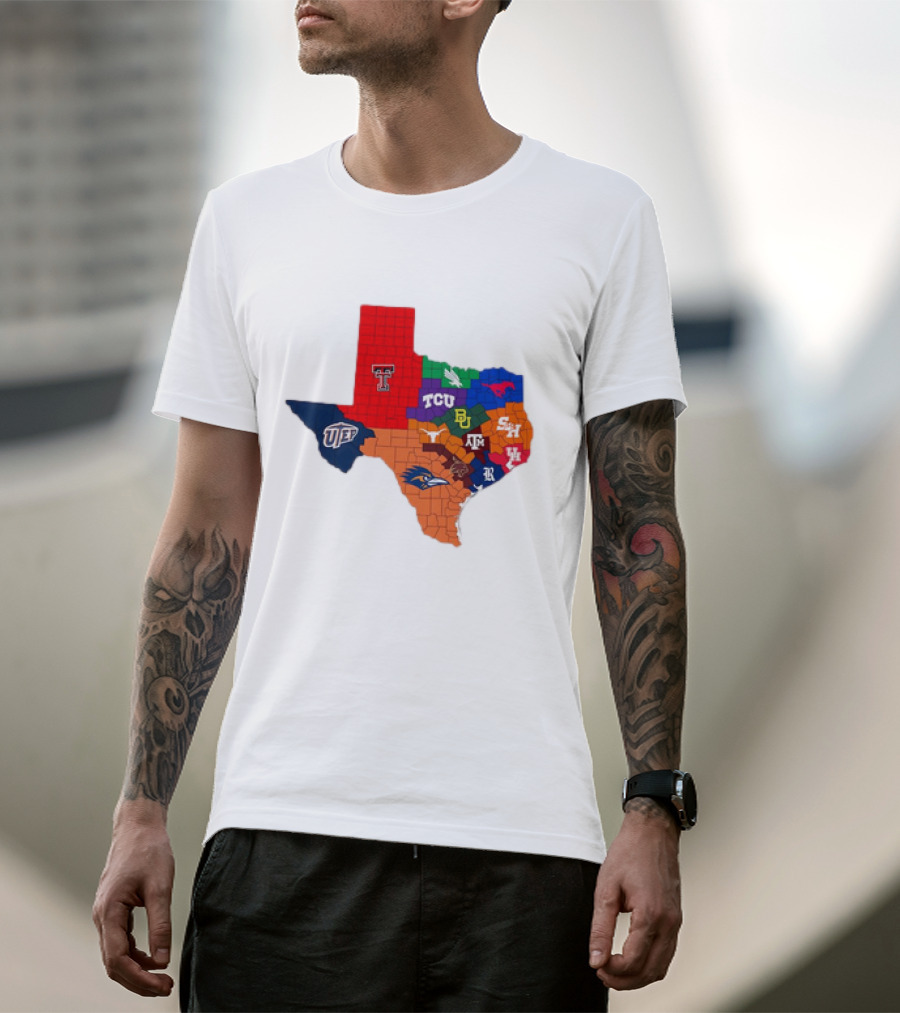 Map Of Texas College Football Teams Featuring TCU Baylor Texas A&M Texas Tech UTEP T-Shirt
