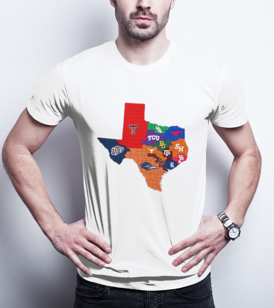 Map Of Texas College Football Teams Featuring TCU Baylor Texas A&M Texas Tech UTEP T-Shirt