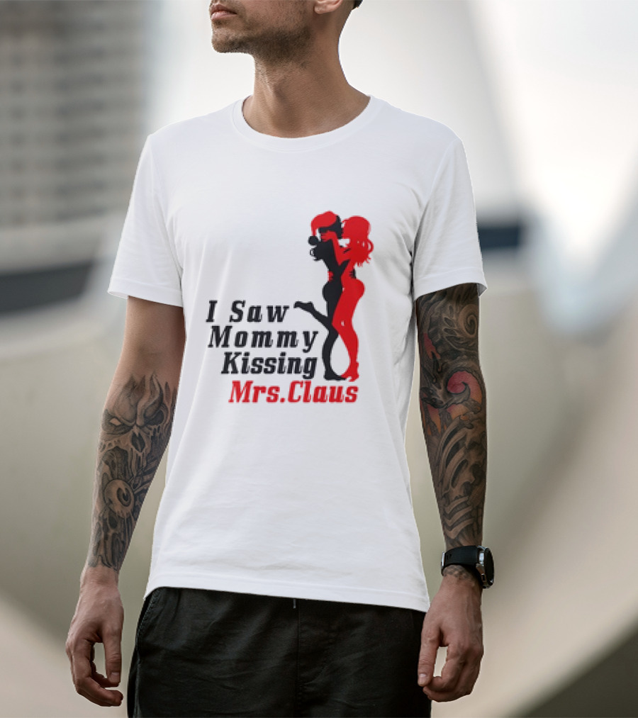 I Saw Mommy Kissing Mrs. Claus Retro Silhouette Christmas Fun T-Shirt