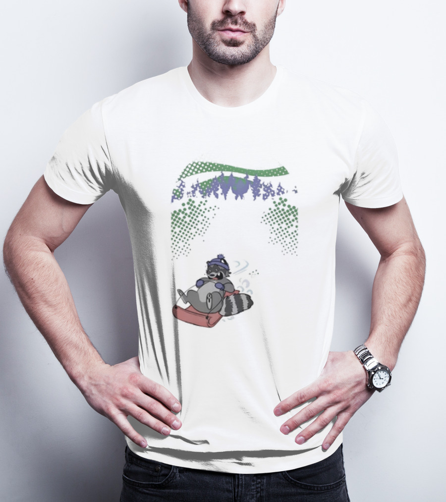 Raccoon Sledding In Winter Forest Scene With Evergreen Trees And Snowflakes T-Shirt