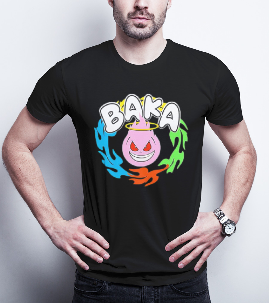 Baka Cartoon Flame With Mischievous Expression Surrounded By Colorful Fire Halo T-Shirt