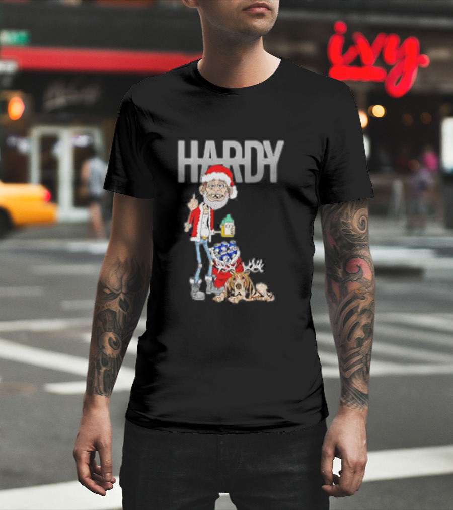 Hardy Jim Bob Holiday Christmas Santa With Beer And Reindeer Dog T-Shirt