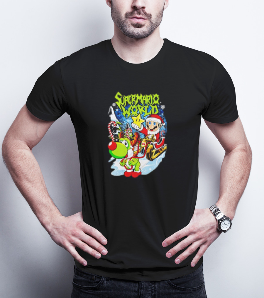 Super Mario World Santa Christmas Reindeer Sleigh Ride Scene T-Shirt
