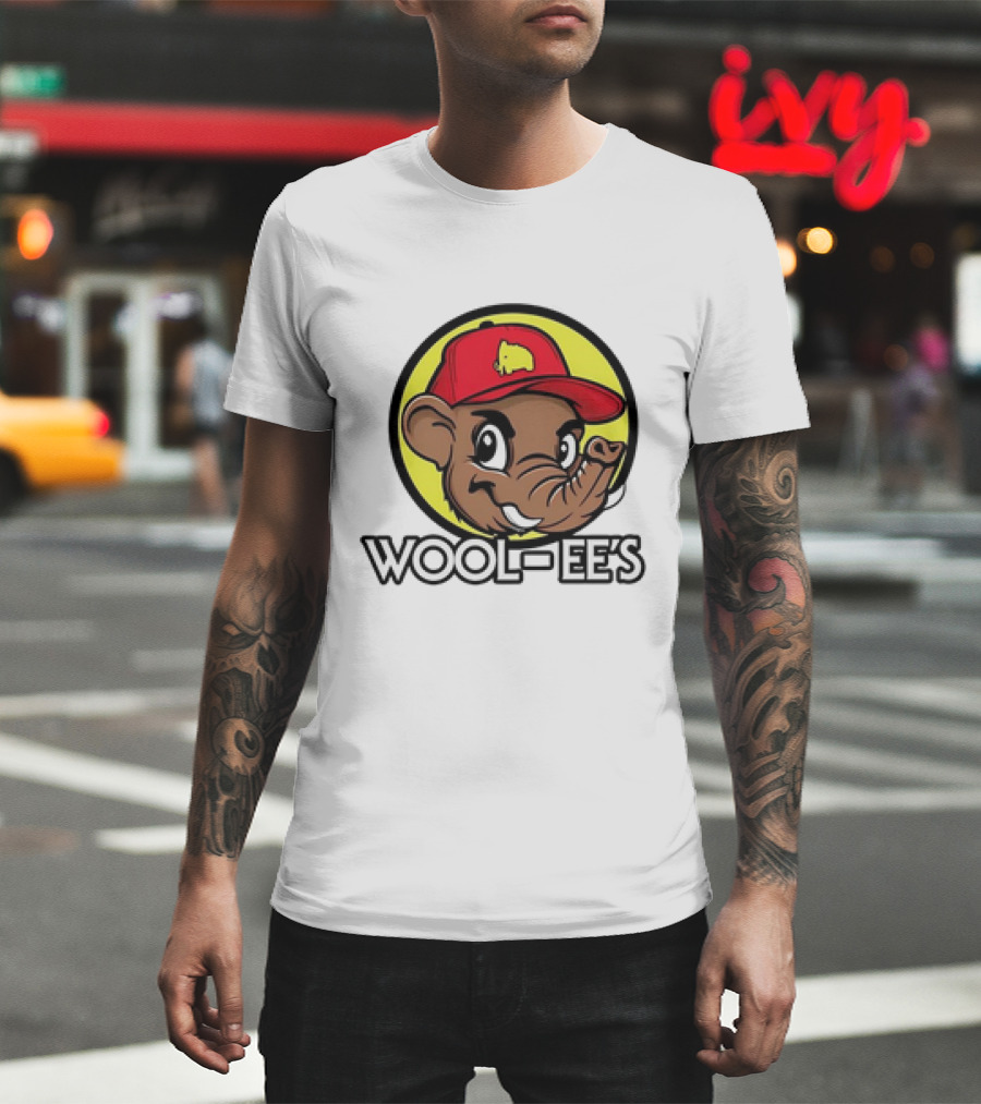 Wool-Ee’s Woolly Mammoth Cartoon Character In Red Cap With Yellow Background T-Shirt