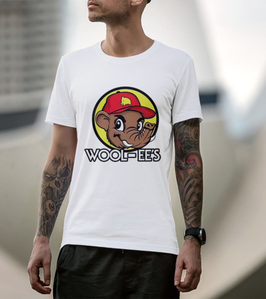Wool-Ee’s Woolly Mammoth Cartoon Character In Red Cap With Yellow Background T-Shirt