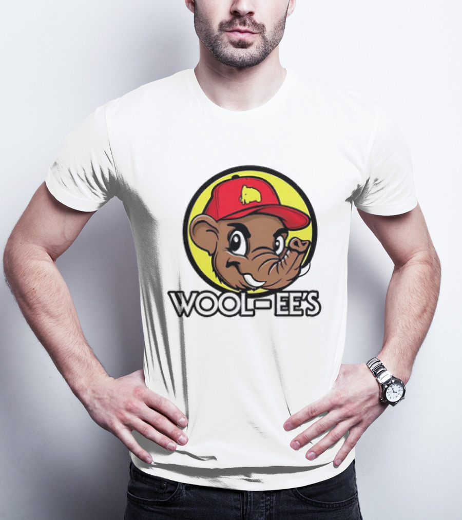 Wool-Ee’s Woolly Mammoth Cartoon Character In Red Cap With Yellow Background T-Shirt