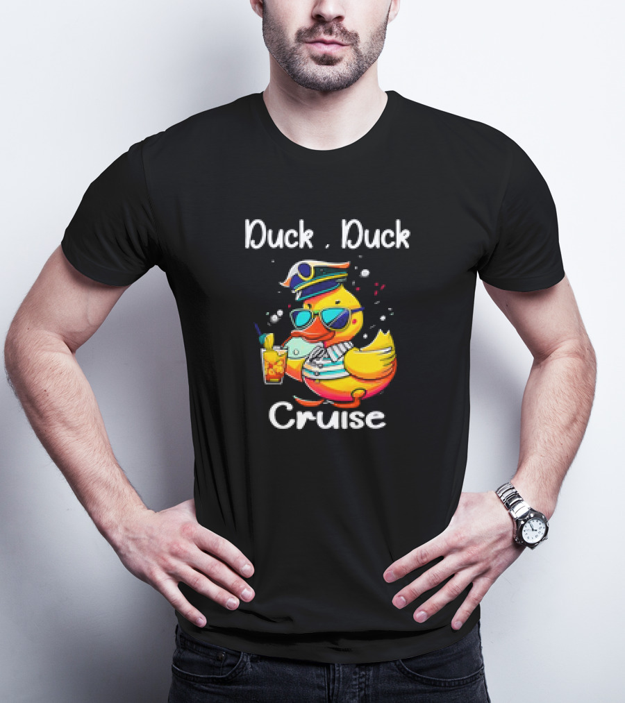 Duck Duck Cruise Family Cruising Matching Squad Captain Duck With Drink And Sunglasses T-Shirt