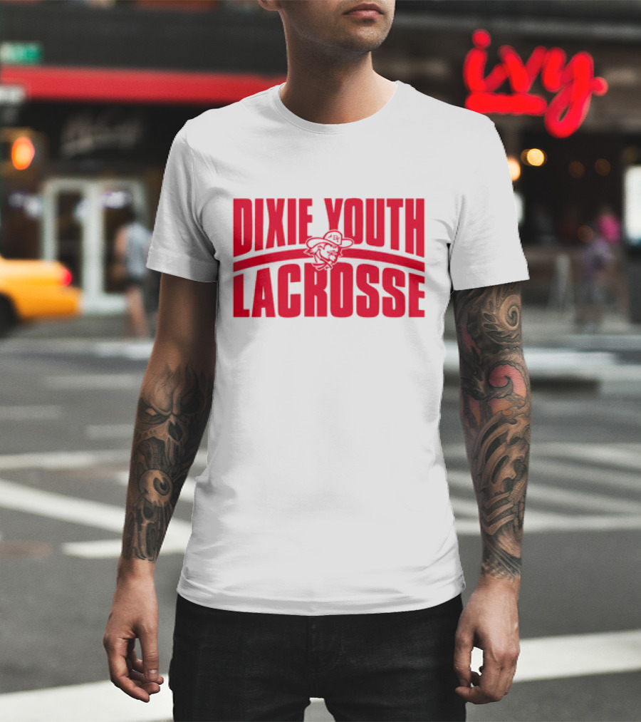 Dixie Youth Lacrosse Red Text Logo With Mascot Character T-Shirt