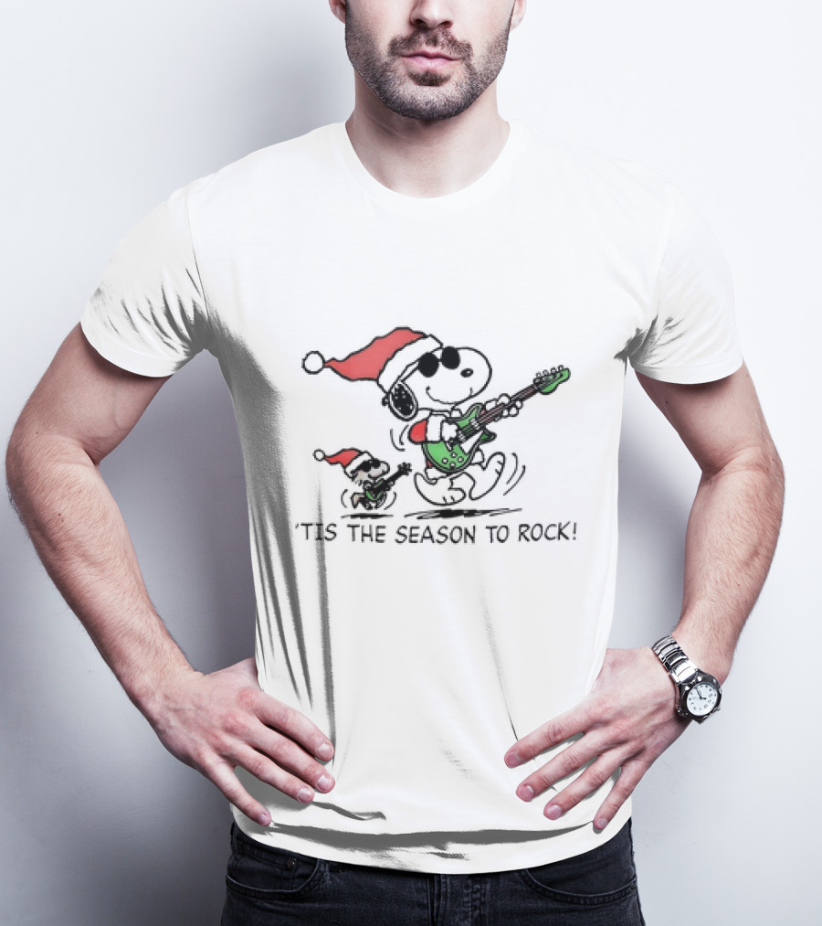 Snoopy Woodstock Peanuts 'Tis The Season To Rock Christmas With Santa Hats And Guitars T-Shirt