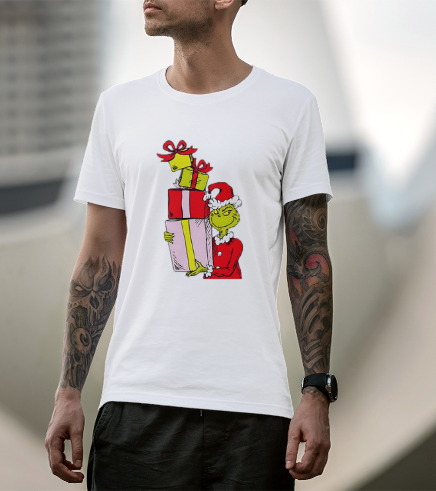 Grinch With Stacked Christmas Gifts Santa T-Shirt