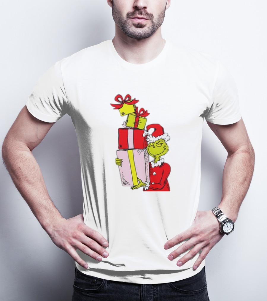 Grinch With Stacked Christmas Gifts Santa T-Shirt
