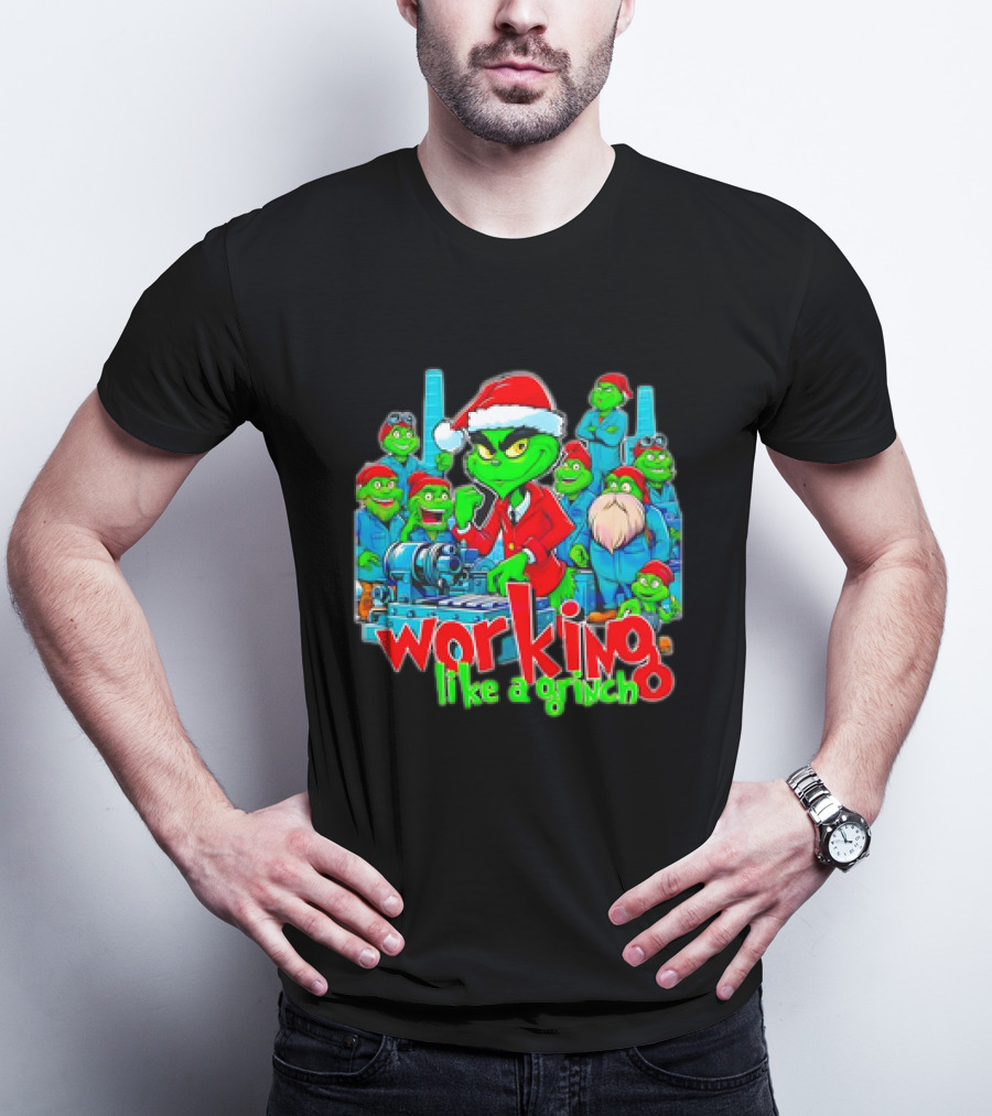 Working Like A Grinch Christmas Mechanic Santa Hat Crew T-Shirt