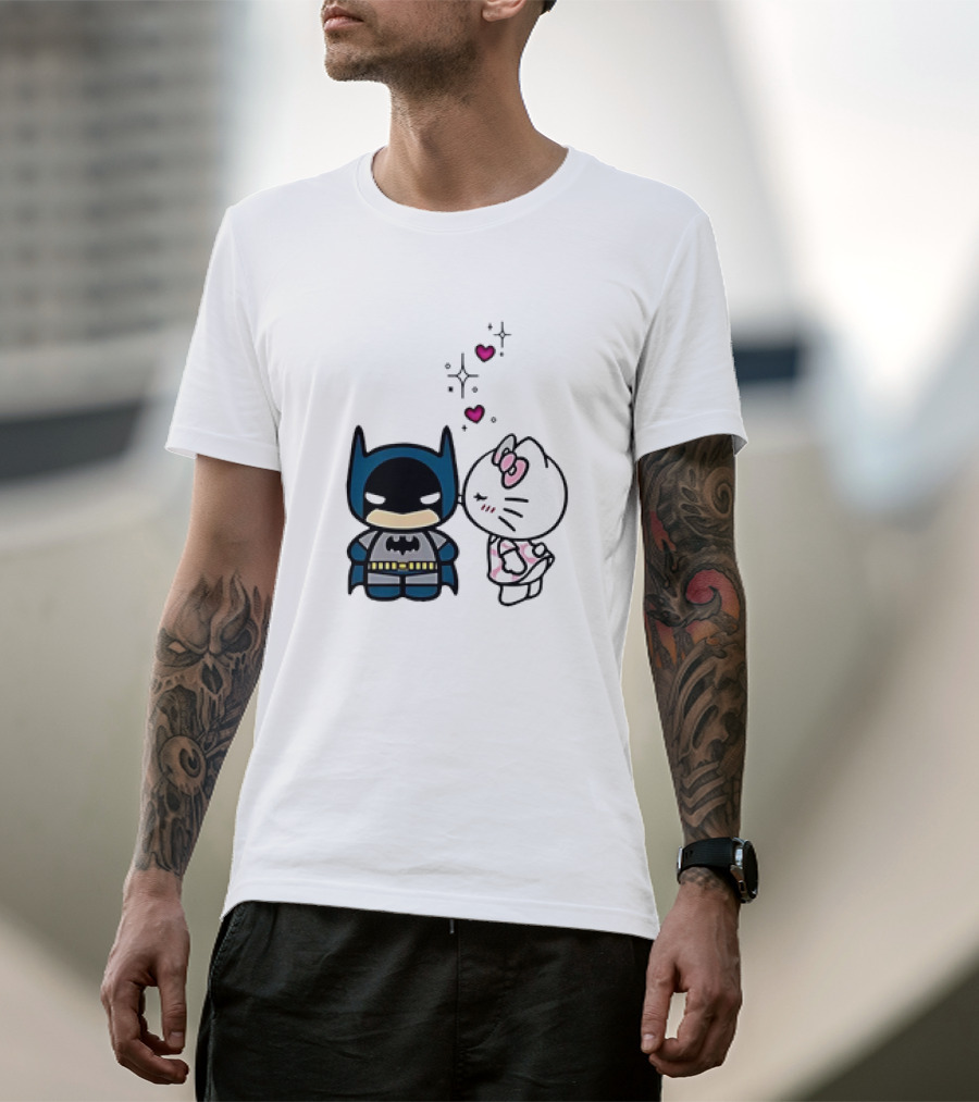 Hello Kitty Kissing Batman With Hearts And Sparkles T-Shirt