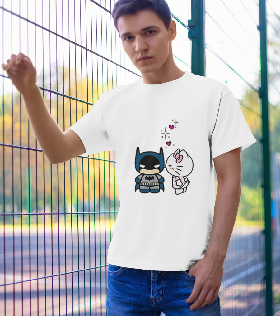 Hello Kitty Kissing Batman With Hearts And Sparkles T-Shirt