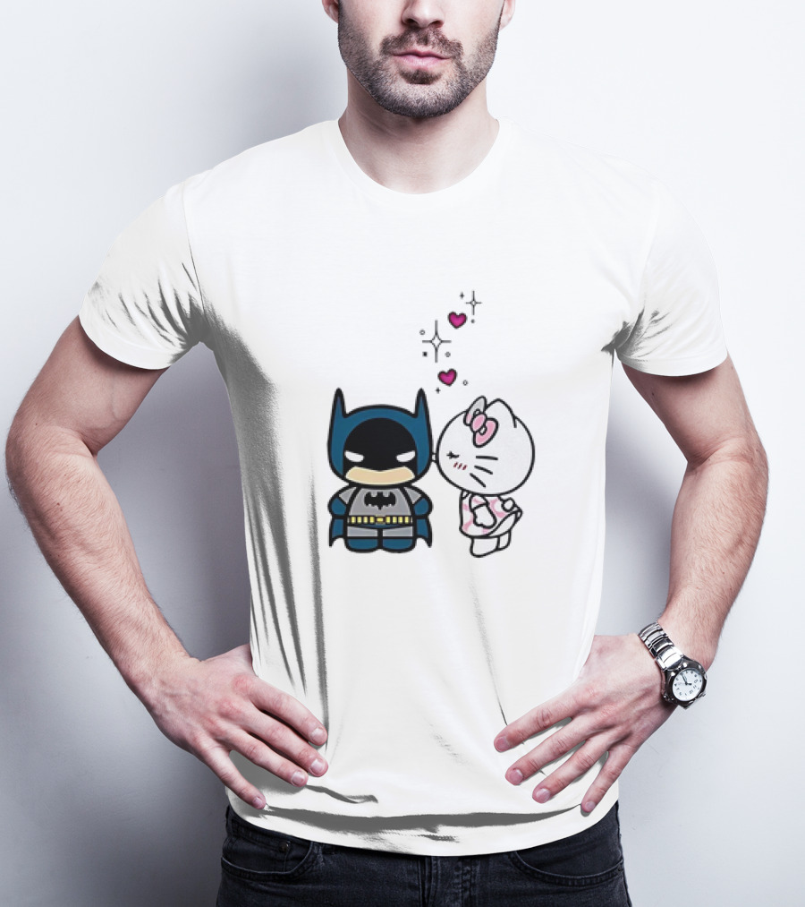 Hello Kitty Kissing Batman With Hearts And Sparkles T-Shirt