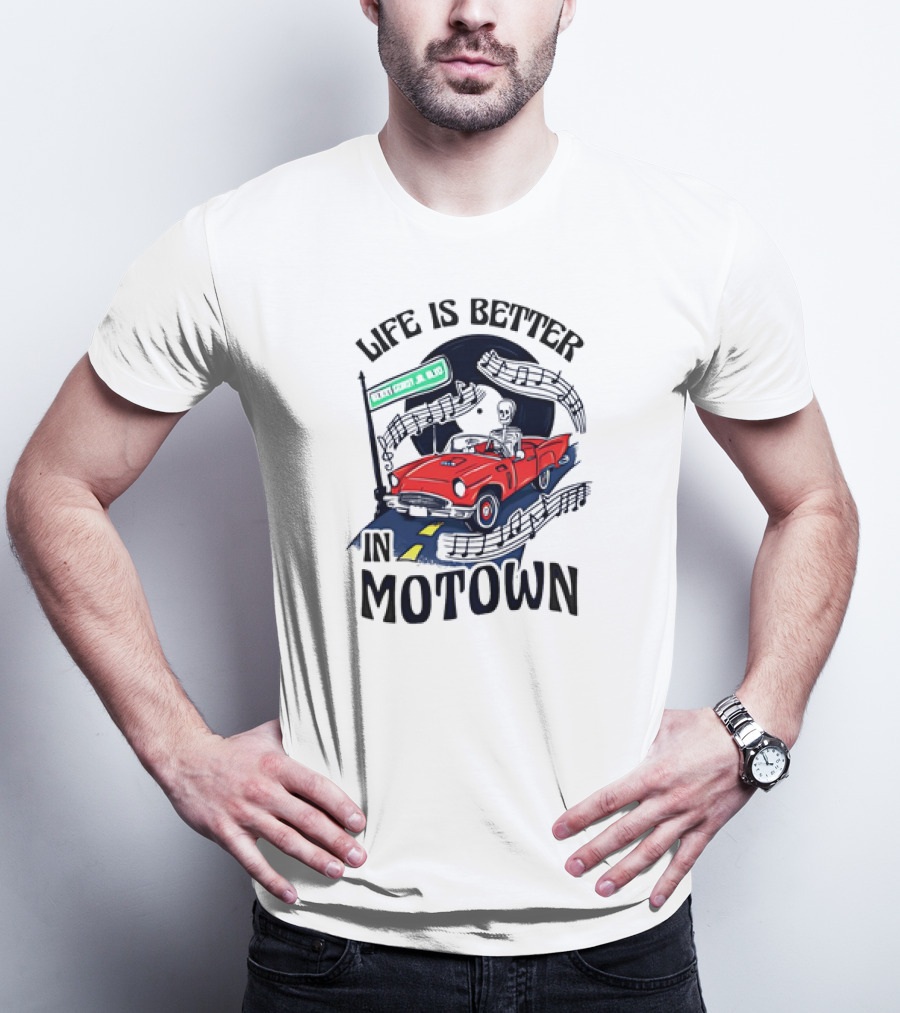 Life Is Better In Motown Skeleton Driver In Red Convertible With Musical Notes T-Shirt
